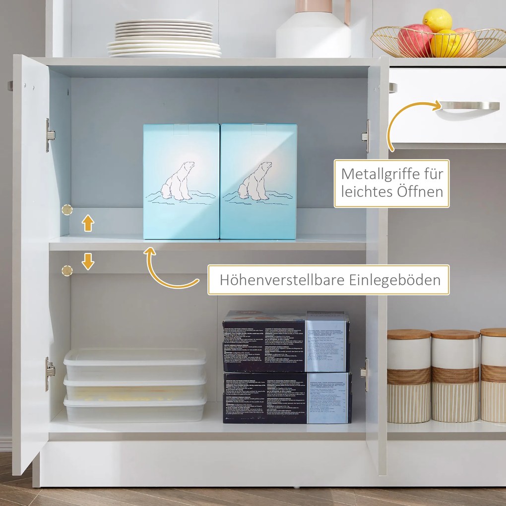 HOMCOM Moderní kuchyňský bufetový kabinet s vícero úložnými prostory, 6 dveří, 1 šuplík + velká pracovní deska, rozměry 101L x 39W x 180H cm v bílé a…