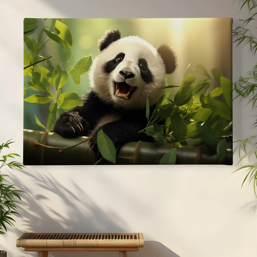 Obraz na plátně - Panda se spokojeně opírá o bambus FeelHappy.cz Velikost obrazu: 150 x 100 cm