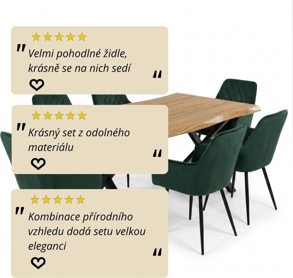 Vikio Jídelní set pro 6 osob 160x90 cm soft dub noha X zelená židle s područkami VJS226-6Z