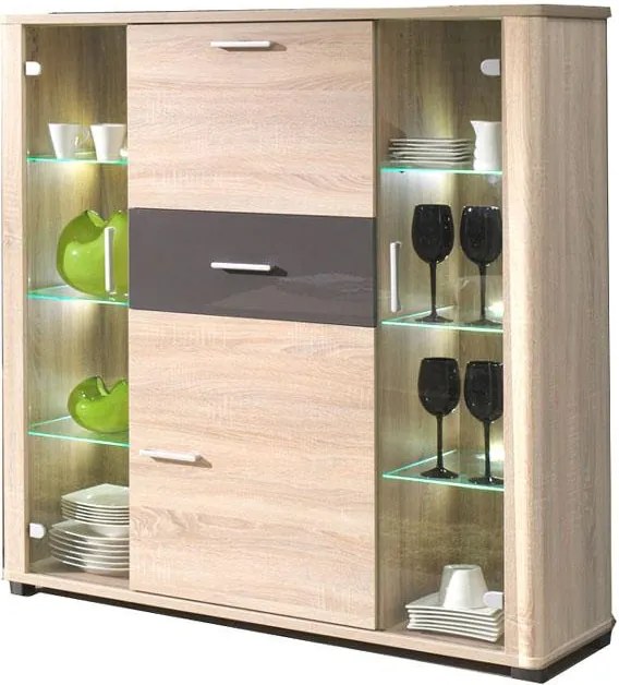 Obývací stěna se skříní FILL | 6 dílů | 127 cm + 370 cm + 114x64 cm | dub sonoma/šedá lesk