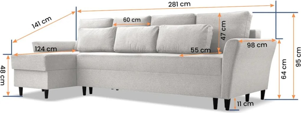 Rohová rozkládací sedací souprava do L REGO, 281 cm, s úložným prostorem Roh pohovky: Levý roh, Barva látky: Tmavě popelavá (Kenya Ash)