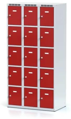 Alfa 3 Šatní skříňka s úložnými boxy, 15 boxů, červené dveře, otočný zámek