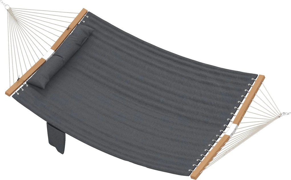 Outsunny prošívaná dvoumístná venkovní houpací síť s opěrkou hlavy, kapsou na časopisy a rozepřením z buku, 200 × 140 cm — šedá | Aosom