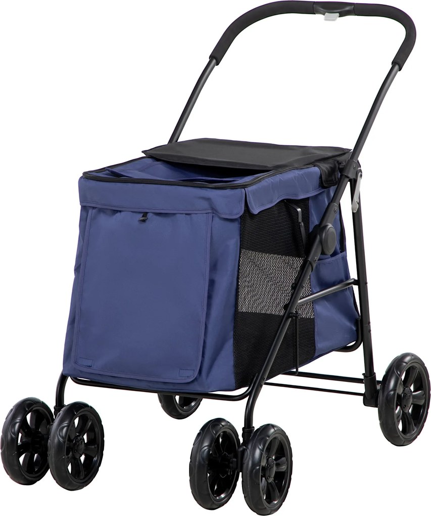 PawHut Kočárek pro Psy, Skládací Psí Buggy, Psí Trolej se Polstrováním, Kočárek pro Kočky do 20 kg, Kočárek pro Malé a Střední Psy s Bočními Kapesmi,