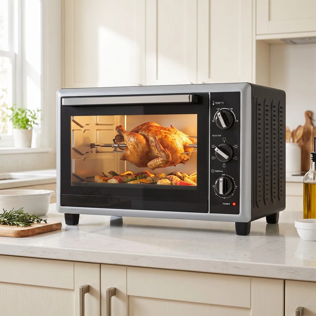HOMCOM 46 L mini trouba s otočným špízem, ventilátorem, regulací teploty a časovačem, 1800 W, černá