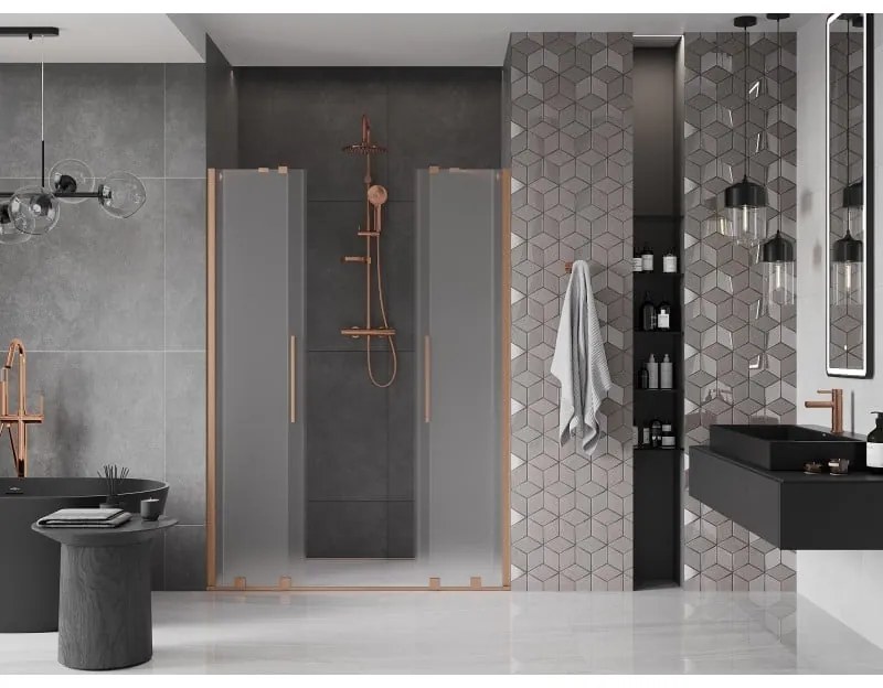 Mexen Velar Duo, posuvné sprchové dveře do otvoru 150 cm, 8mm sklo námraza, měděná matná, 871-150-000-32-65