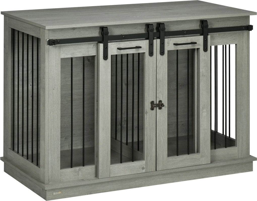 PawHut Psí Obojek s Možností Dvou Místností, Moderní Kovový Box pro Psy s 2 Dveřmi, Psí Dům pro Velké Psy do 30 kg, Psí Dům 120 x 60 x 88,5 cm Šedý |