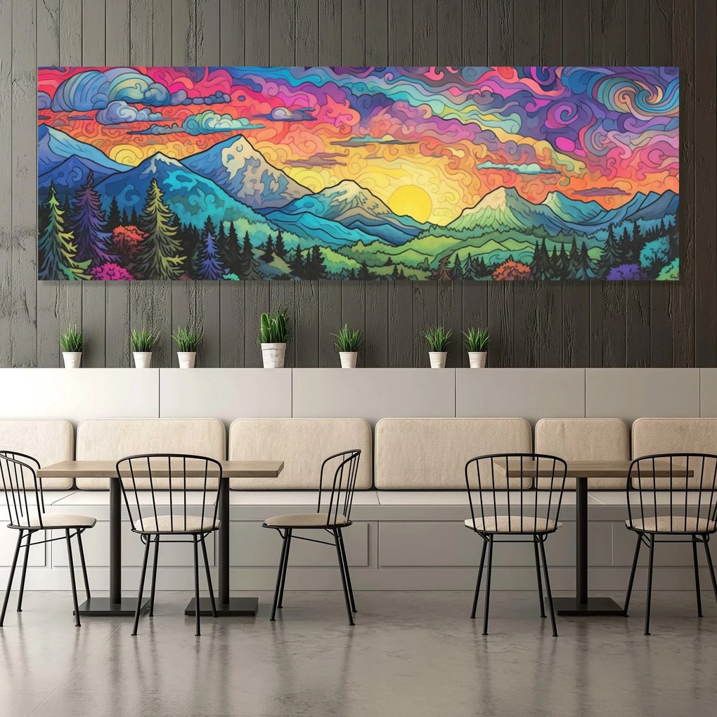 Obraz na plátně - Psychedelický západ slunce v horách FeelHappy.cz Velikost obrazu: 120 x 40 cm