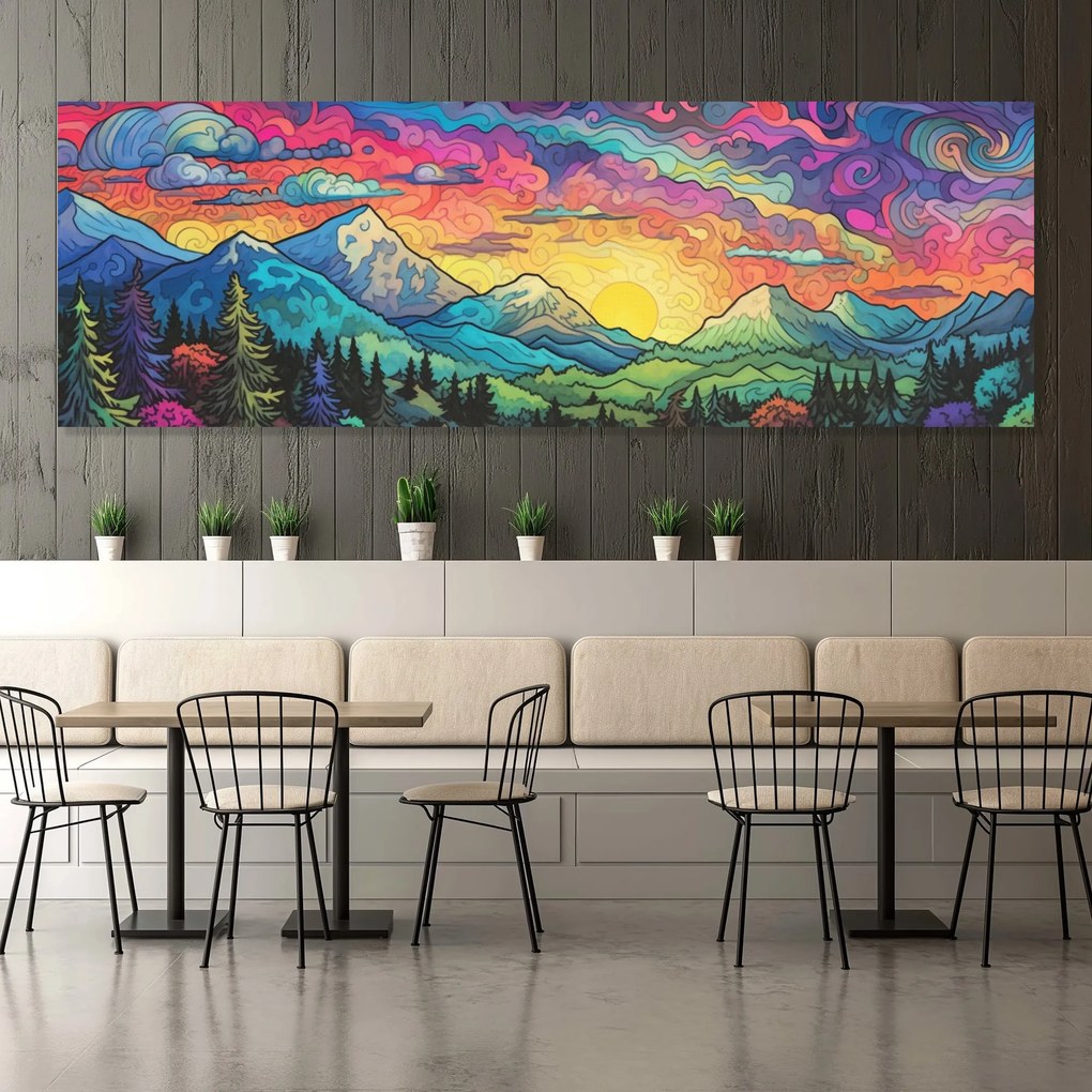 Obraz na plátně - Psychedelický západ slunce v horách FeelHappy.cz Velikost obrazu: 210 x 70 cm