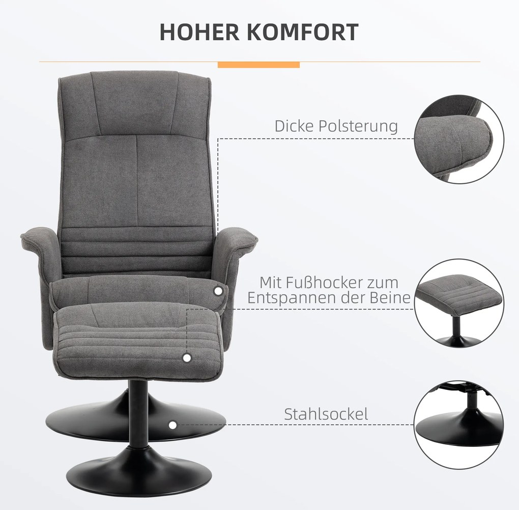 HOMCOM polohovací křeslo s podnožkou otočné o 360°, nastavitelné TV křeslo s taburetem, tmavě šedá pěna 69 x 71 x 104 cm