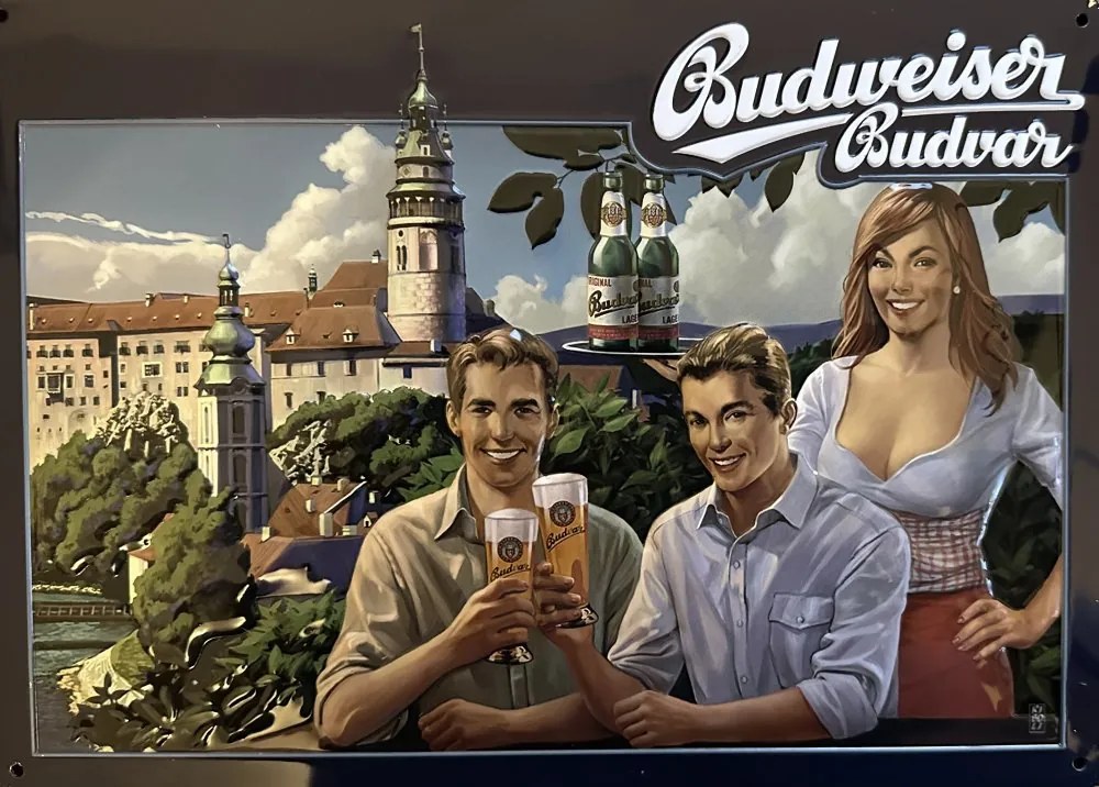 Plechová cedule Budweiser Budvar pivo Český Krumlov