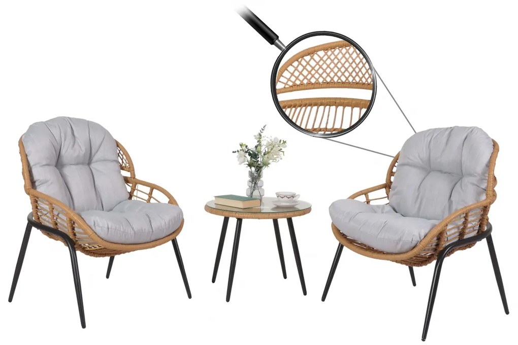 Set 2 křesílek a stolku HWC-N33 - přírodní barva, čalounění světle šedá