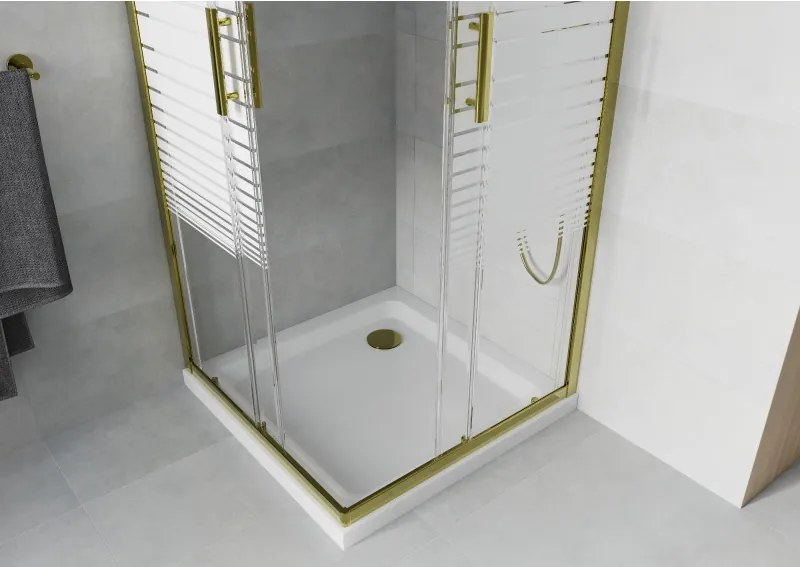 Mexen Rio, čtvercový sprchový kout s posuvnými dveřmi 90 (dveře) x 90 (dveře) x 190 cm, 5mm čiré sklo s pásky, zlatý profil + bílá sprchová vanička SLIM, 860-090-090-50-20-4010G