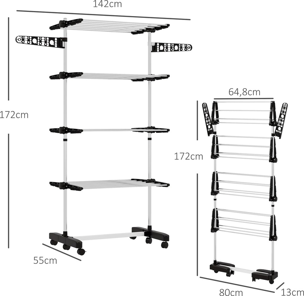 HOMCOM Sušák na prádlo Tower s 4 úrovněmi, skládací křídla, kolečka, stojan na sušení prádla pro vnitřní a venkovní použití, 142 x 55 x 172 cm, černý