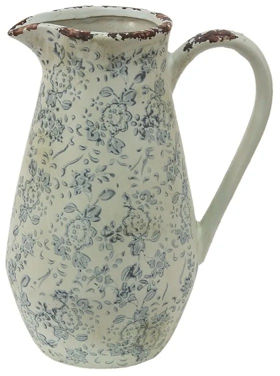 Dekorativní béžový keramický džbán se šedými květy Soleil M – 20x14x25 cm
