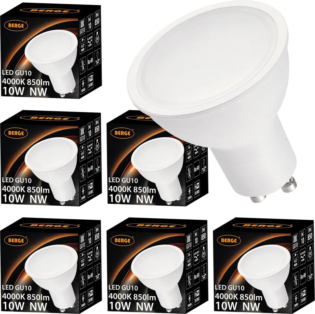 BERGE Sada 6 LED žárovek GU10 10W 850lm - neutrální bílá