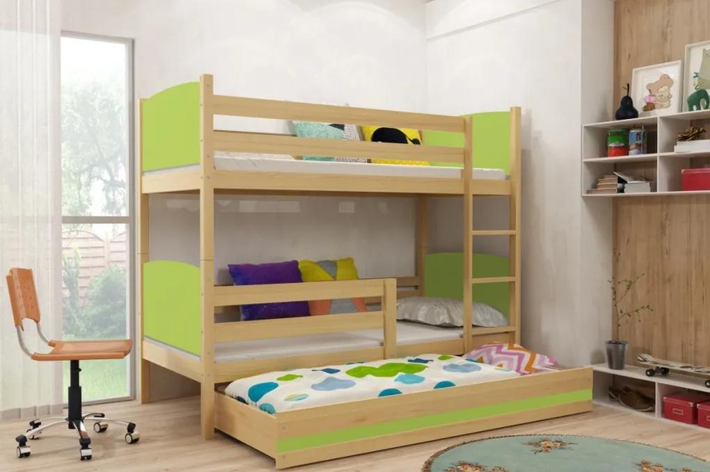 Dětská patrová postel s přistýlkou v kombinaci dekoru borovice a zelené barvy F1381