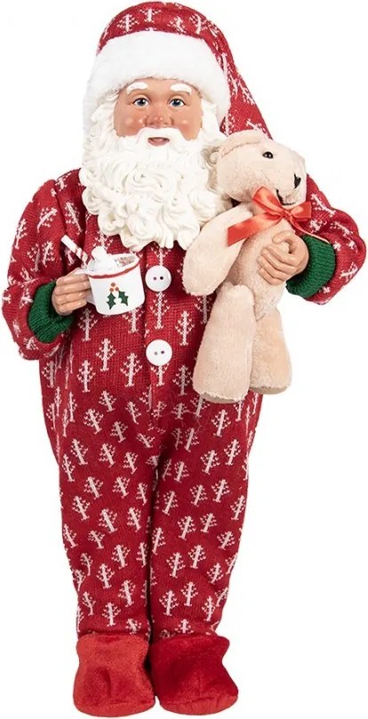 Červená dekorace figurka Santa Claus v overalu a s medvídkem - 22*19*45 cm