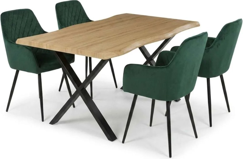 Vikio Jídelní set pro 4 osoby 160x90 cm soft dub noha X zelená židle s područkami VJS226-4Z