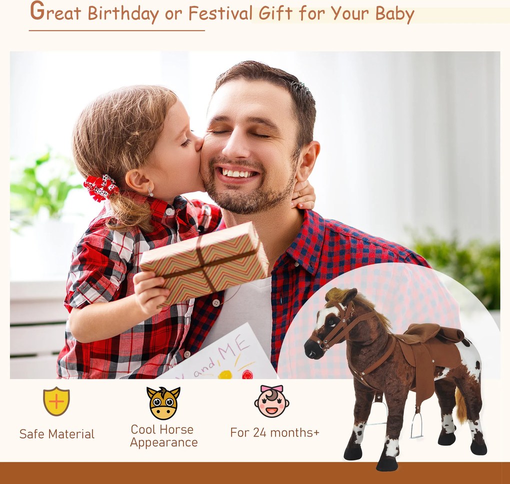 HOMCOM Jezdecký kůň na hraní pro děti se zvukem, plyšová hračka z kovu, hnědobílá barva, 85x28x60cm, ideální pro zábavu a hry |