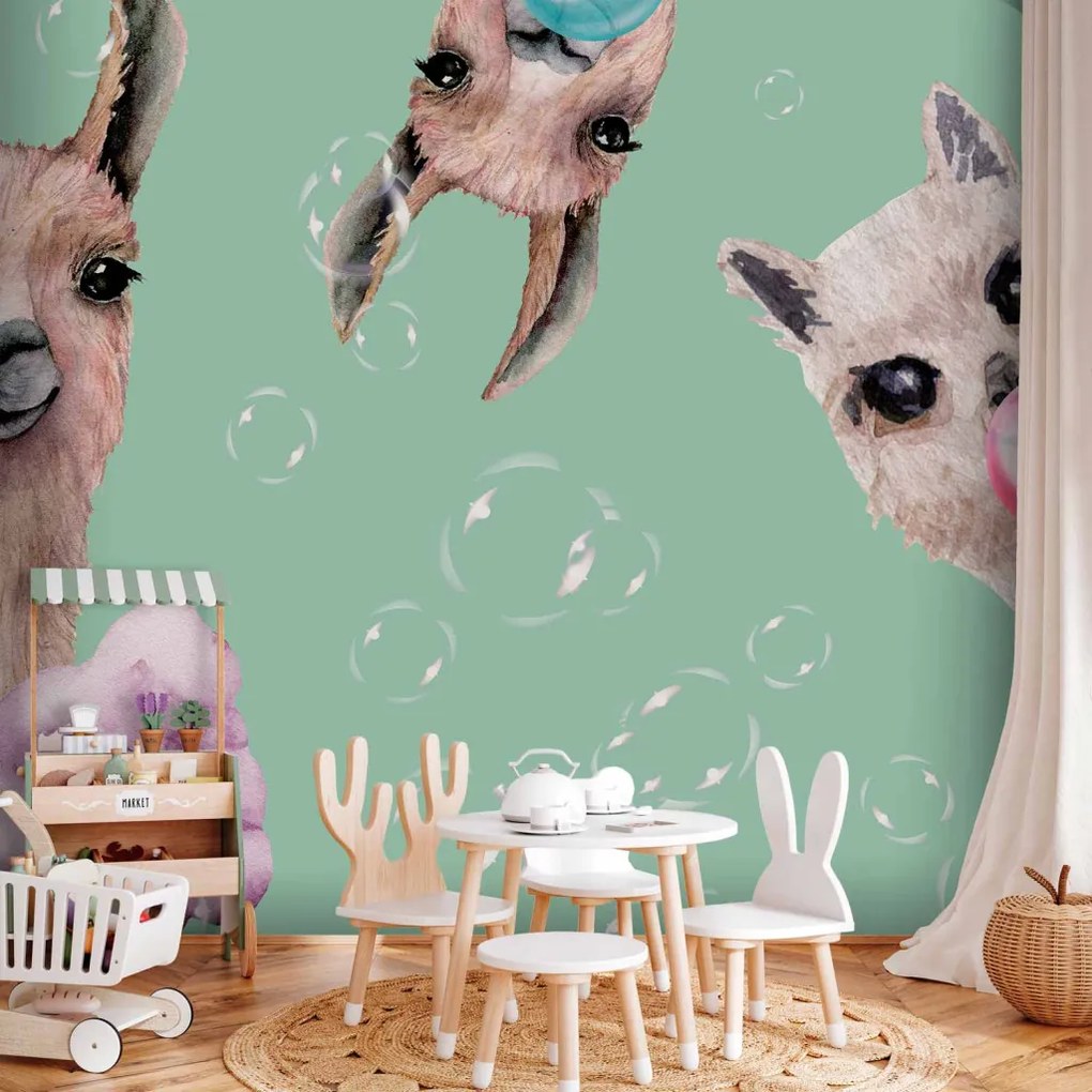 Fototapeta Šílené lamy - veselá zvířata s bublinami ledu a žvýkačkami pro děti