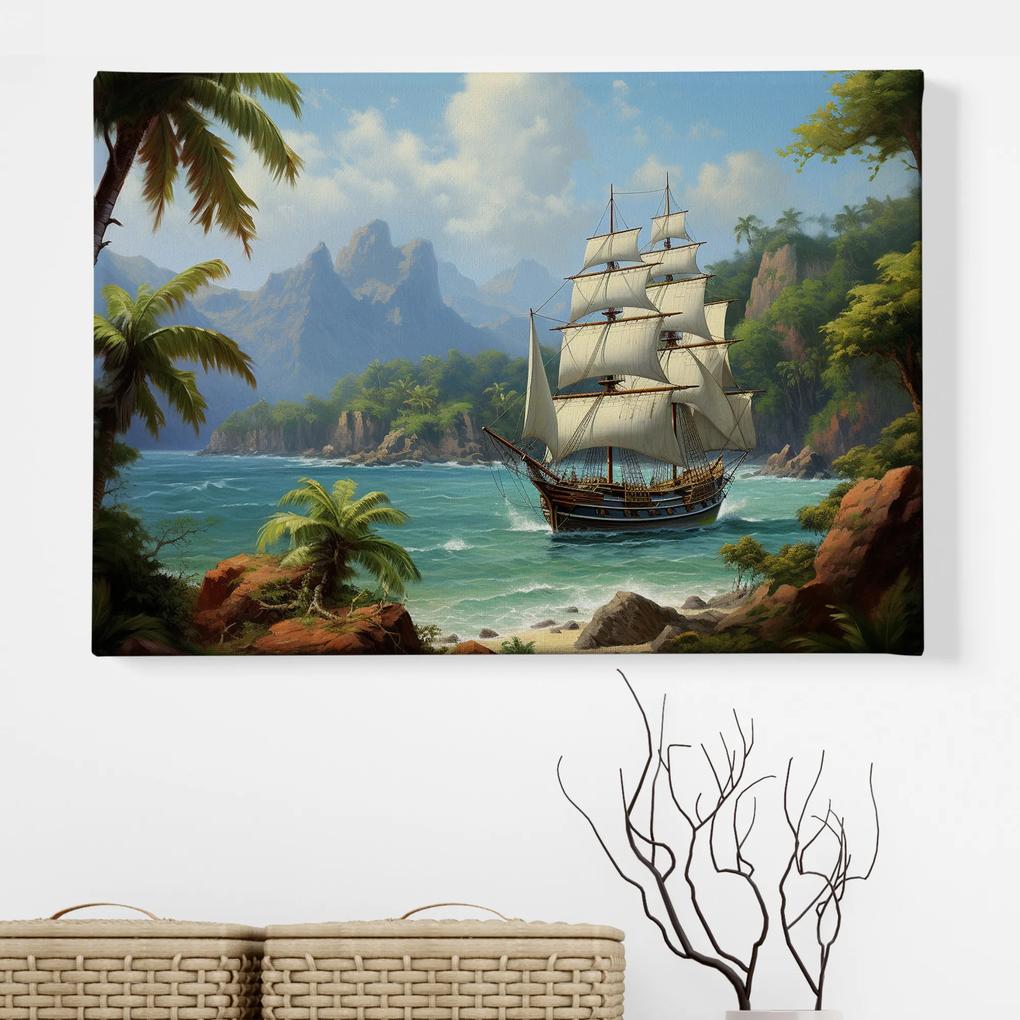 Obraz na plátně - Velká plachetnice kotví u tropického ostrova FeelHappy.cz Velikost obrazu: 180 x 120 cm