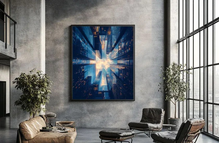 Městský horizont - obraz - Pohled mezi mrakodrapy k nebi 18 - 70 x 100 cm - 1 149 Kč