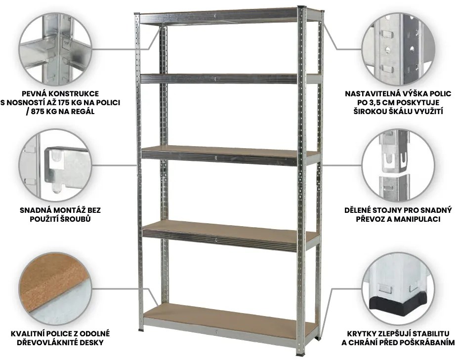 Fistar Regál 2000x1000x600 mm kovový zinkovaný 5-policový, nosnost 875 kg