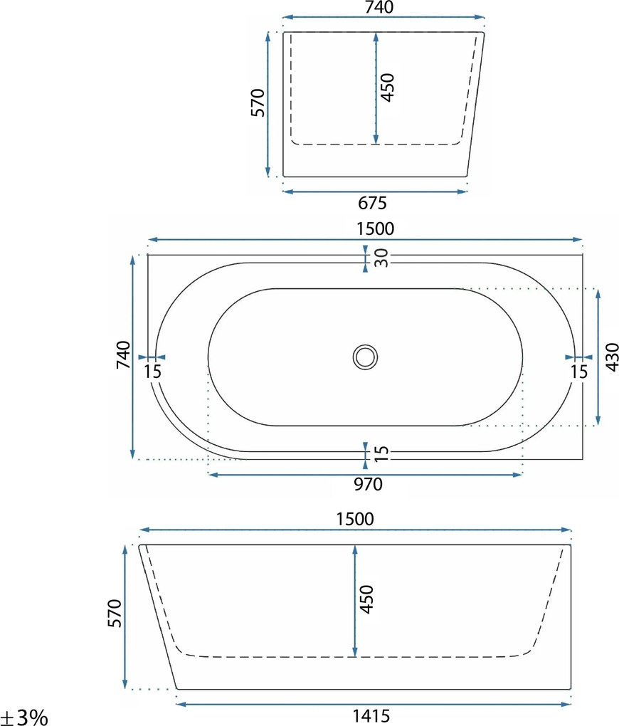 Asymetrická akrylátová vana s krycím panelem REA BELLANTO SLIM Pravá 150x74 cm, bílá, sifon Click-Clack - bílý