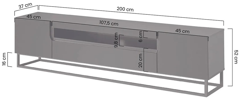 TV stolek Loftia 200 cm na kovovém podstavci - černá / černý mat