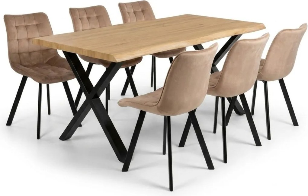 Vikio Jídelní set pro 6 osob 180x90 cm soft dub noha X béžová židle VJS238-6BE-S