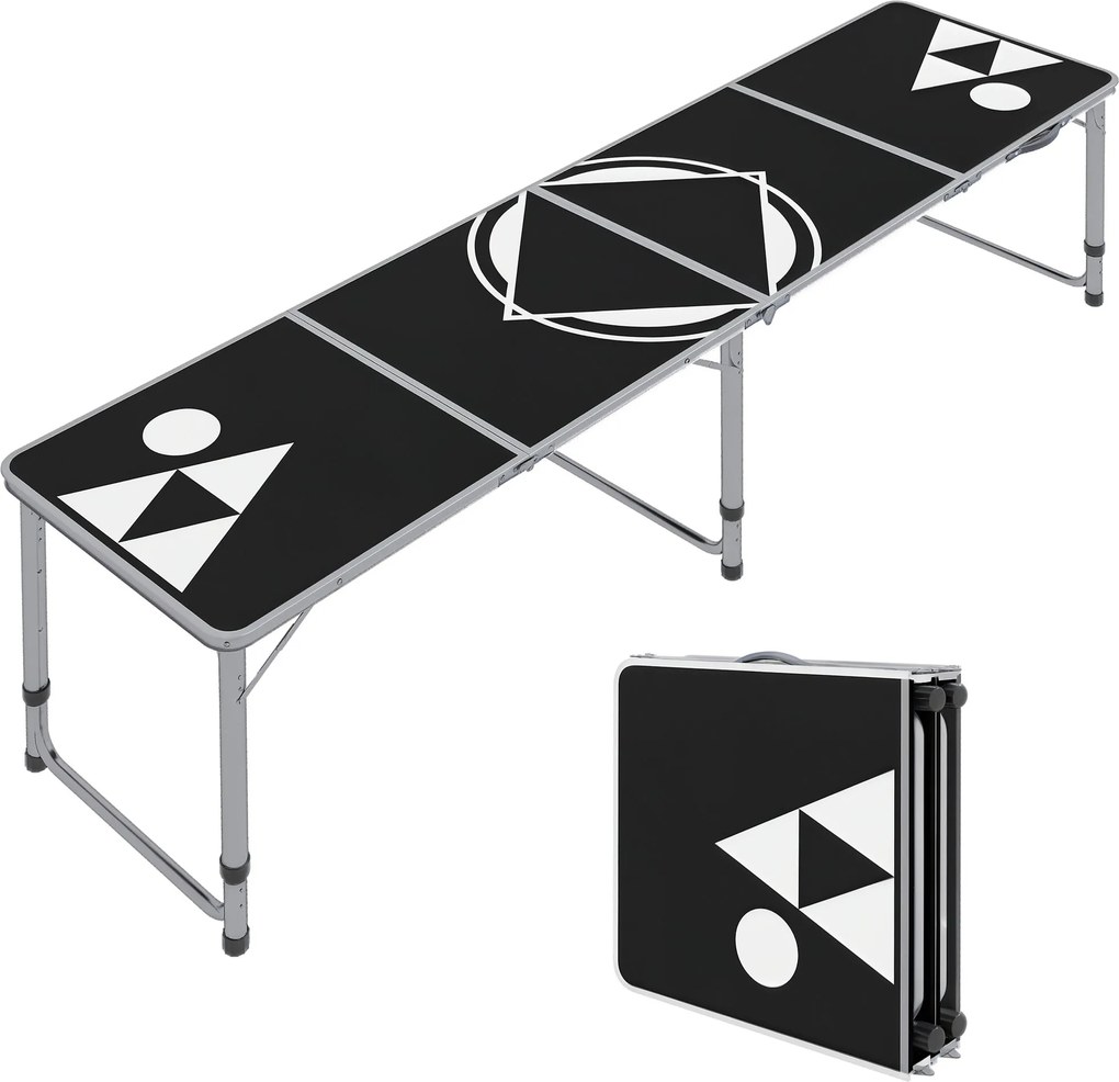 Outsunny Stůl na Beer Pong, Skládací Campingový Stůl 240 x 60 cm, Nastavitelná Výška, Skládací Stůl pro Zahradu a Balkon, Hliníkový, Černý | Aosom