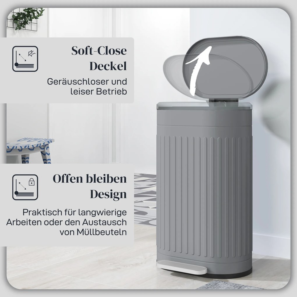 HOMCOM Odpadkový koš 30 l pedálový koš s víkem nožní pedál vyjímatelný vnitřní koš s funkcí soft-close 36,5 x 31,2 x 60,8 cm, šedý