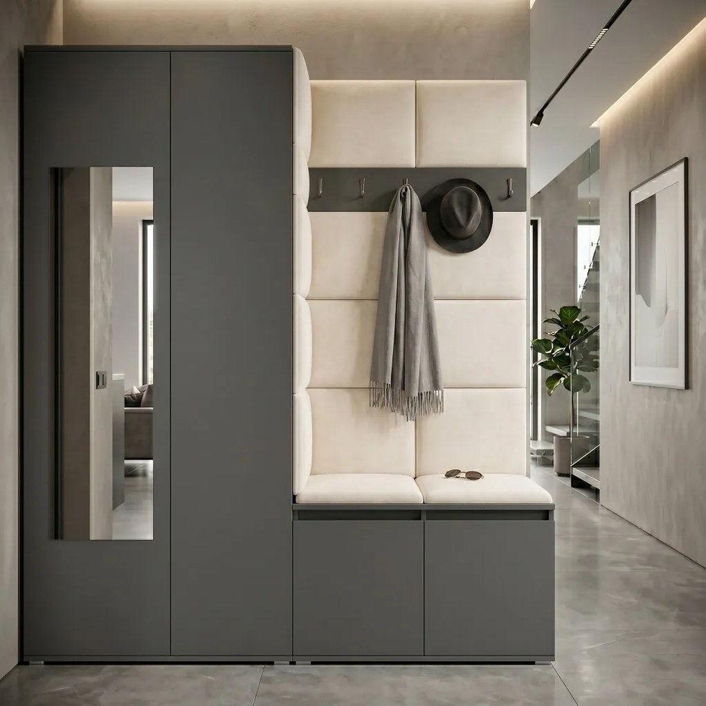 Předsíňová stěna Trinity 8 s čalouněnými panely, 190 cm, grafit/ krémová