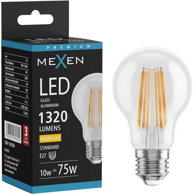 Mexen Vintis Filamentová LED žárovka E27, A60, 10W, Teplá - 2700K, 1320 lm, čirá - L150-E27-1027-00