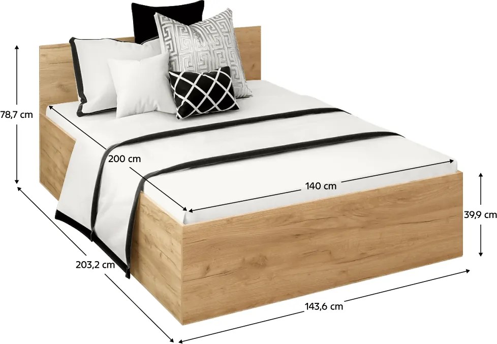 Postel s kovovým roštem a úložným prostorem, 140x200, dub craft zlatý, DOLI