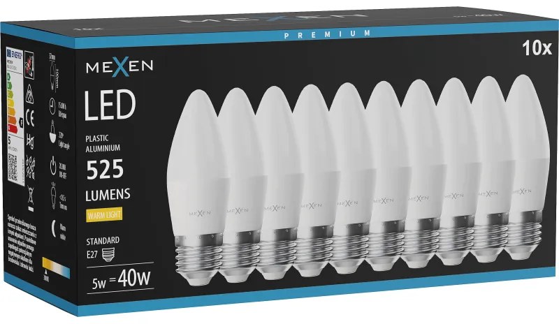Mexen Nova 10x Žárovka LED E27, C37, 5W, Teplá - 3000K, 525 lm - L102-E27-0530-01x10