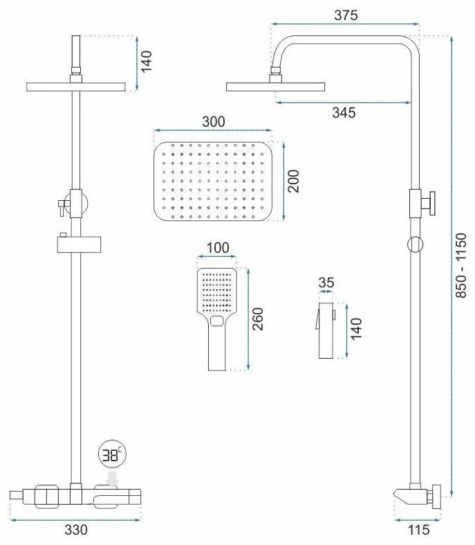 Sprchový set s termostatem Rea Rob nikl - vanová baterie, dešťová, ruční a bidetová sprcha