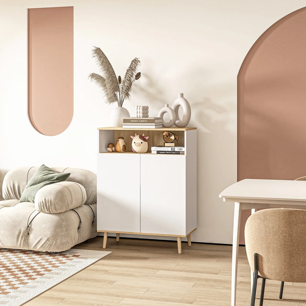 HOMCOM Úložná Skříň, Kuchyňský Buffet, s Nastavitelnou Policí, Skříňka se 2 Dveřmi, 80 x 38 x 102 cm, Skandinávský Design, Korkové Nohy, Bílá a Dřevě…