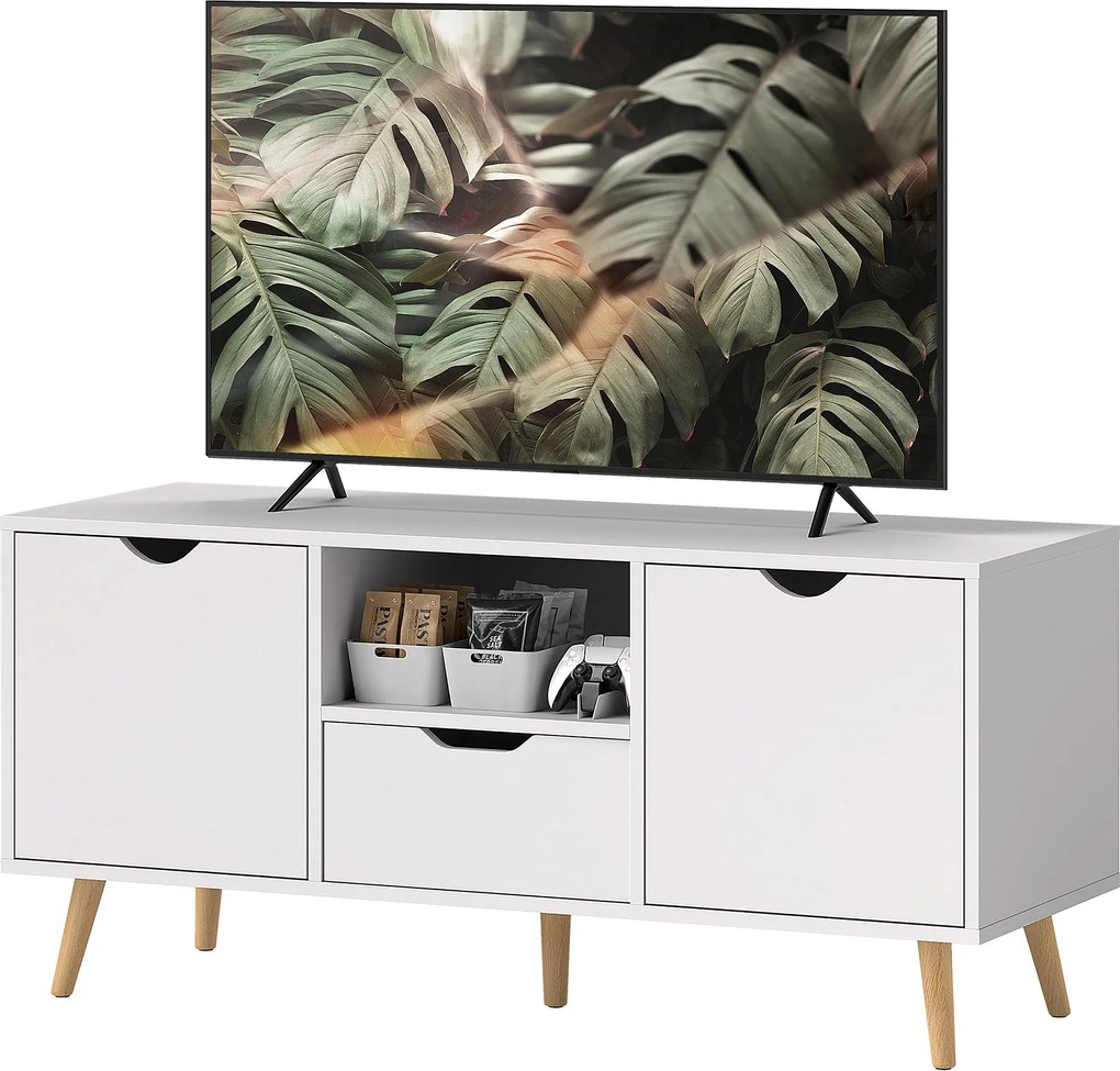 HOMCOM Moderní TV Stolík do 50" s Policemi, Zásuvkou a 2 Skříňkami, TV Stolík se 5 nožkami z Borovice, 110x40x50 cm, Bílý | Aosom