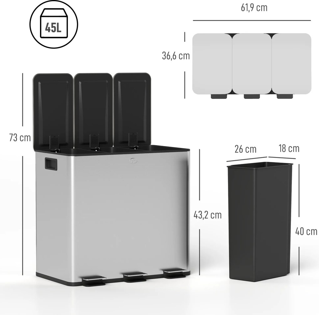 HOMCOM Kuchyňský Odpadkový Koš s 3 Přihrádkami 3x15L Nerezová Ocel s Měkkým Uzavíráním a Odnímatelnými Přihrádkami pro Recyklaci Odpadu