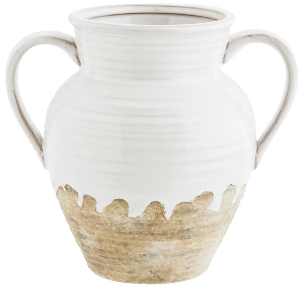 MADAM STOLTZ Kameninová váza s uchy White/Natural 22 cm, bílá barva, krémová barva, keramika