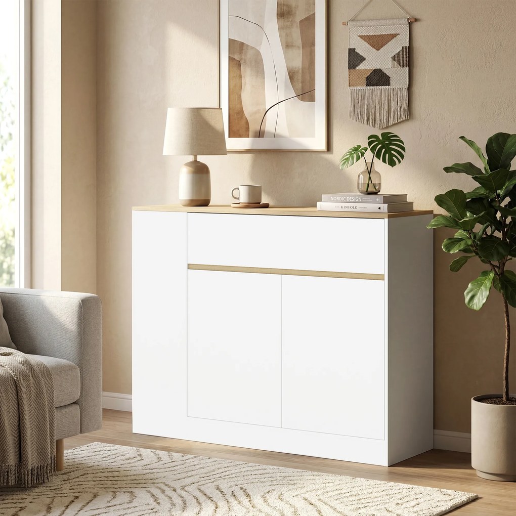 HOMCOM Komoda, velký skříňový prostor, 3 odkládací přihrádky, zásuvka, 106 x 30 x 81,2 cm, bílá/dřevo