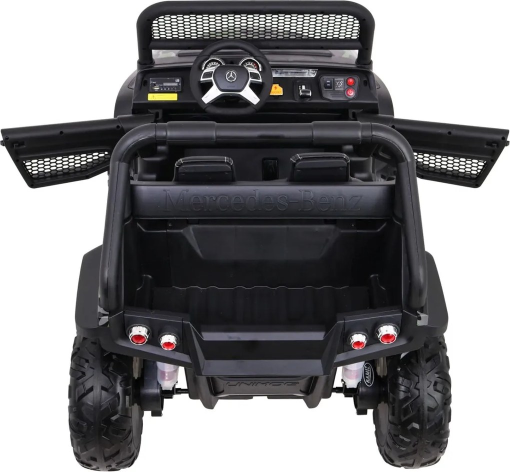 Ramiz Mercedes Benz Unimog elektrické autíčko pro děti maskáčové + pohon 4x4 + dálkové ovládání + nosič zavazadel + pomalý start + rádio MP3 + LED