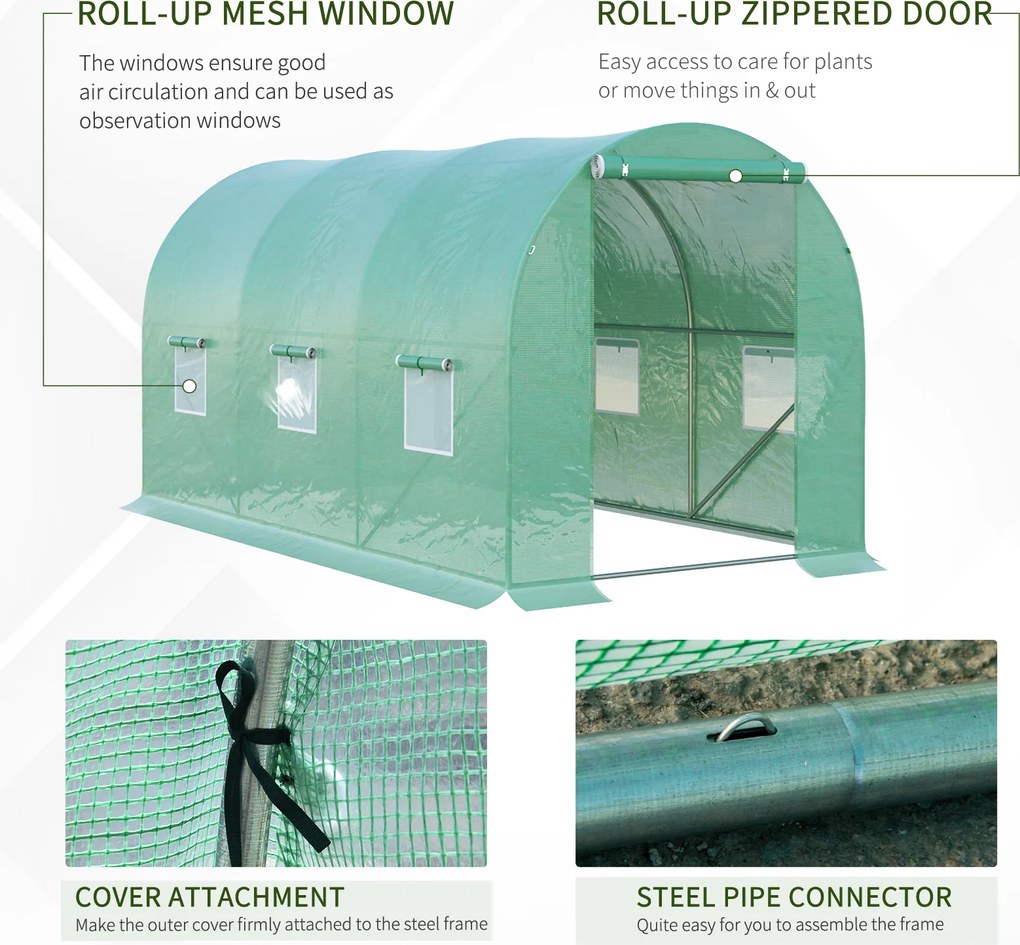 Fóliový skleník na rajčata Outsunny 395x195x190cm s 6 okny ze sítě, kulatý obloukový skleník pro pěstování rostlin a chladicí rám | Aosom.de