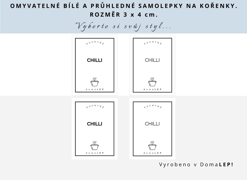 CHILLI - Samolepka na kořenky 3 x 4 cm - DomaLEP varianta: PRŮHLEDNÁ - základní písmo