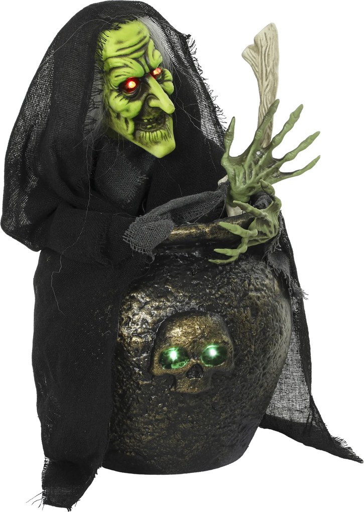 HOMCOM Animovaná halloween stolní čarodějnice se zvukem smíchu, svítícíma očima a zvukovou/touch aktivací