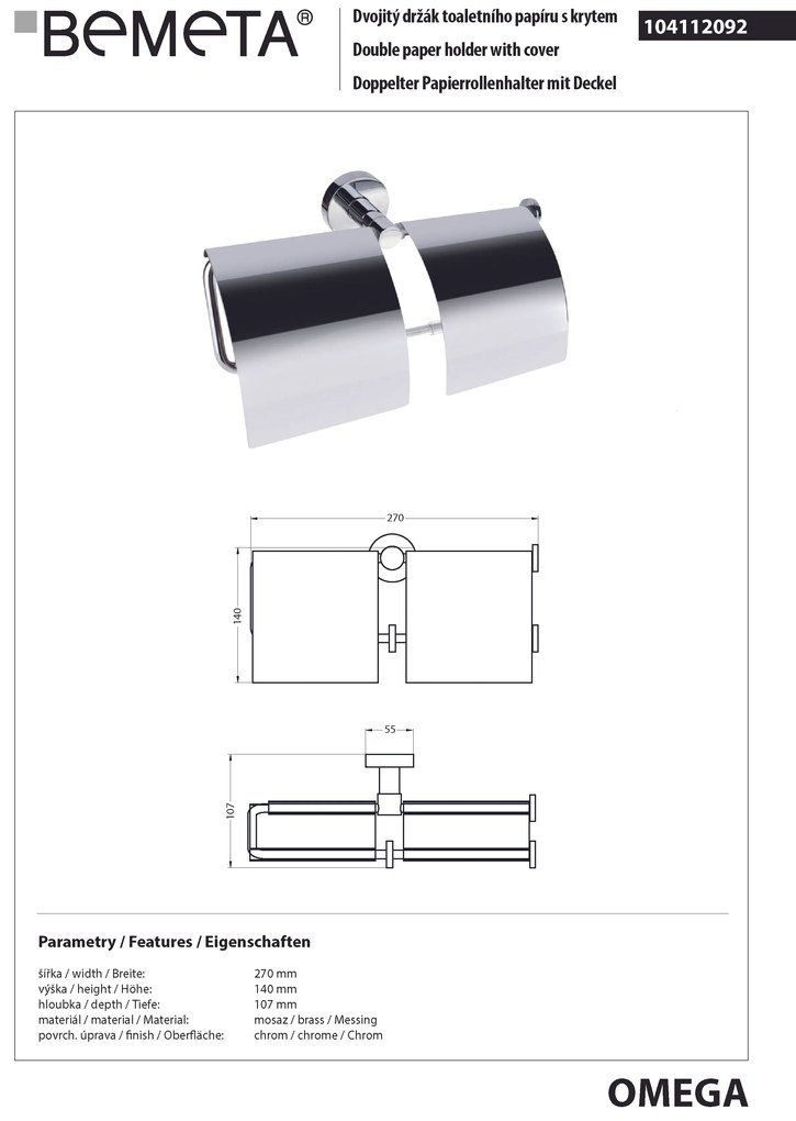 Bemeta Design OMEGA: Držák toaletního papíru s krytem dvojitý -