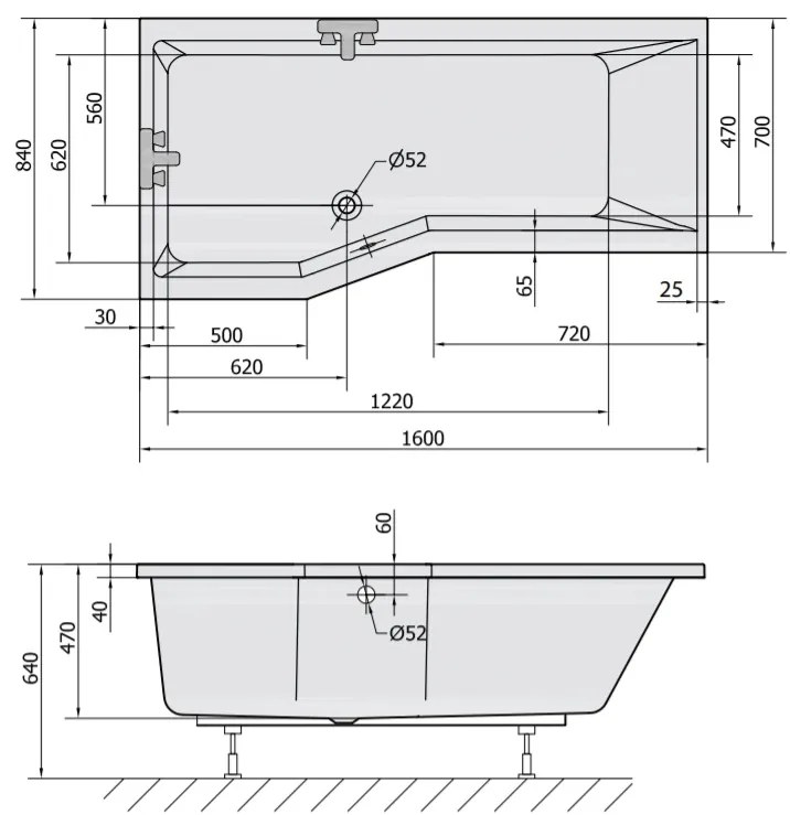Polysan VERSYS L asymetrická vana 160x84x70x47cm, bílá, 14611