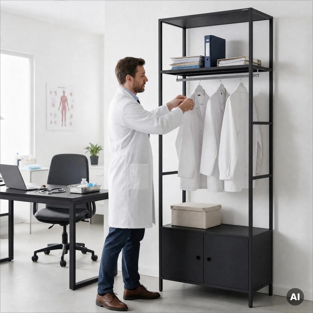 Kancelářský regál otevřený s tyčí na oblečení, do recepce a čekárny, kovový, černý, 800x2200x400 mm: ARIEL